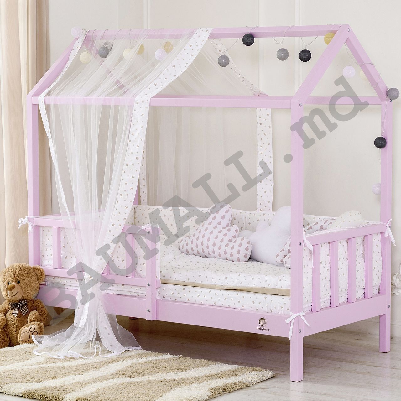 Pat tip casuta pentru copii din lemn natural de fag BabyTime roz