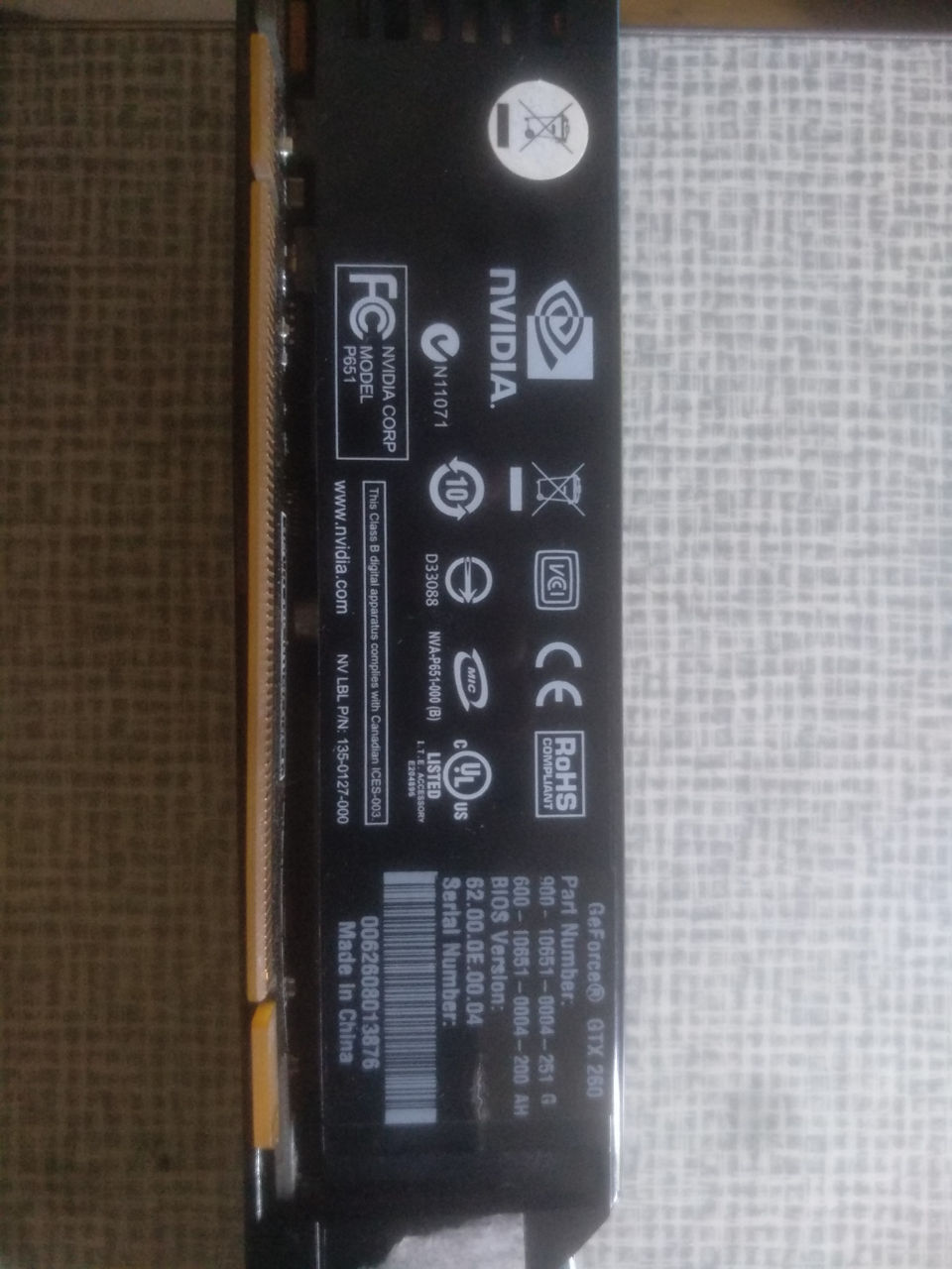 NVIDIA GeForce GTX 260 Model P651 896mb Gddr3. Memory Bus 448 bit.