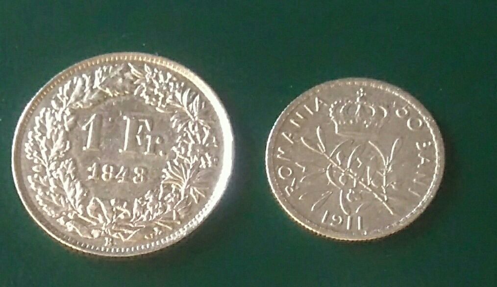 Monede de argint , 50 bani 1911 Romania, carol 1, 1 franc elvetian 1943 ...
