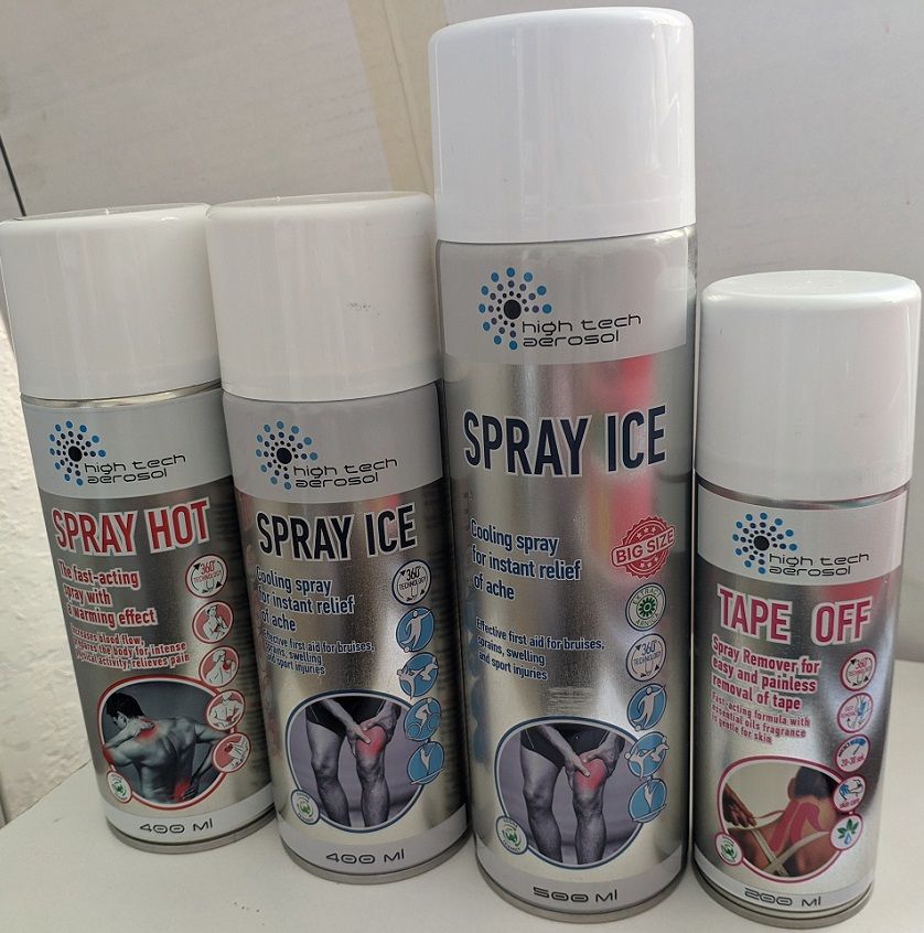 Spray Ice - заморозка. Spray Hot - для разогрева мышц. Tape Off - для ...