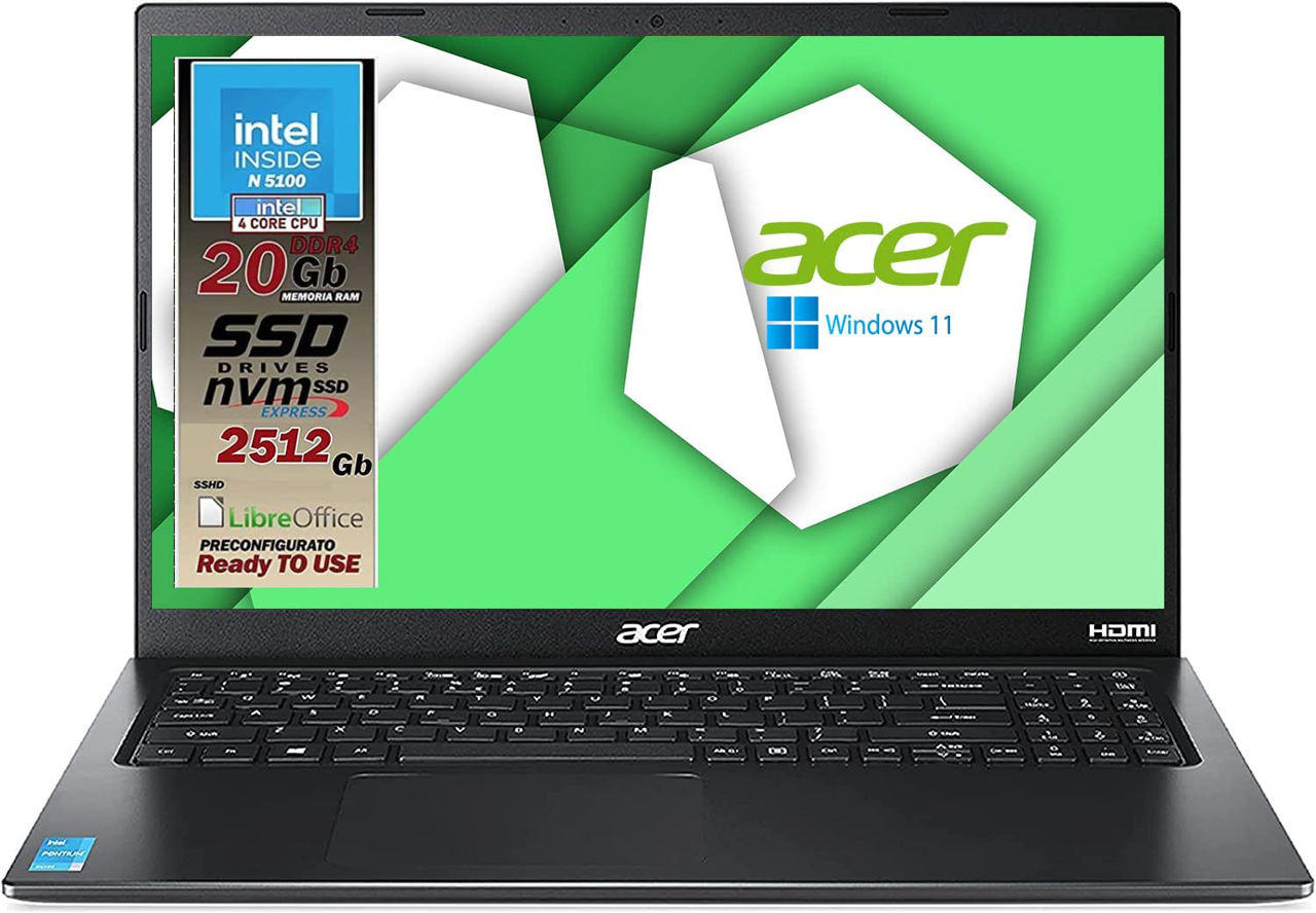 Acer Notebook Intel N5100 4 Core, Ram da 20 Gb Ddr4, SSDHD da 2512GB ...