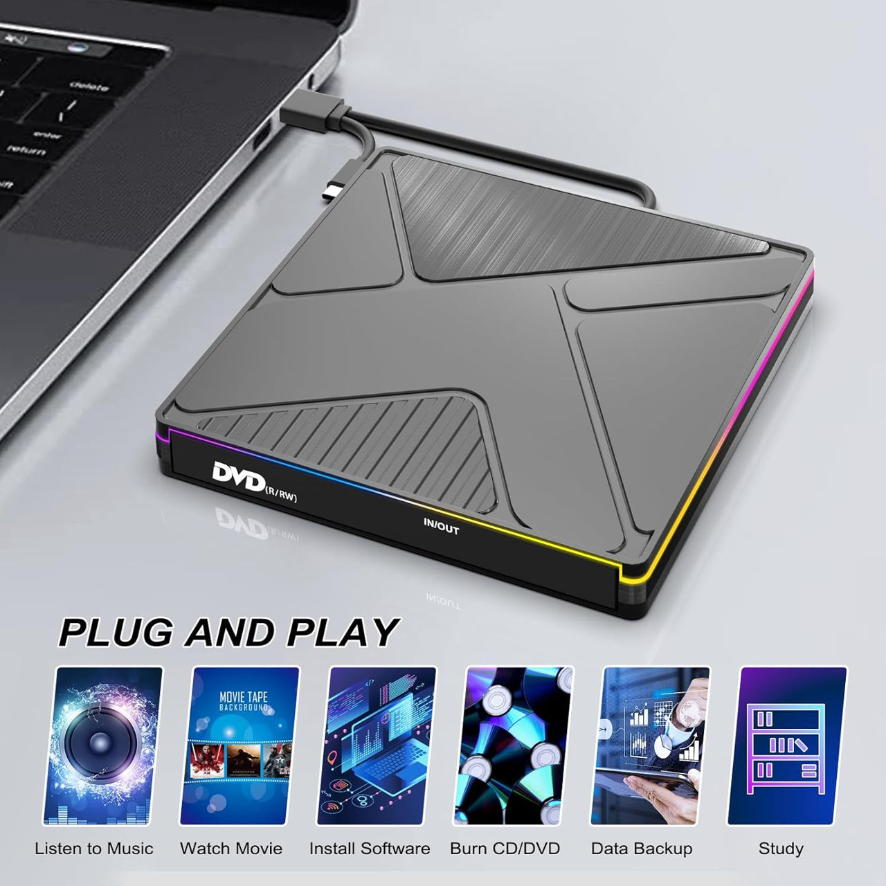 Unitate CD DVD externă RGB USB 3.0 tip C, CD/DVD portabil extern