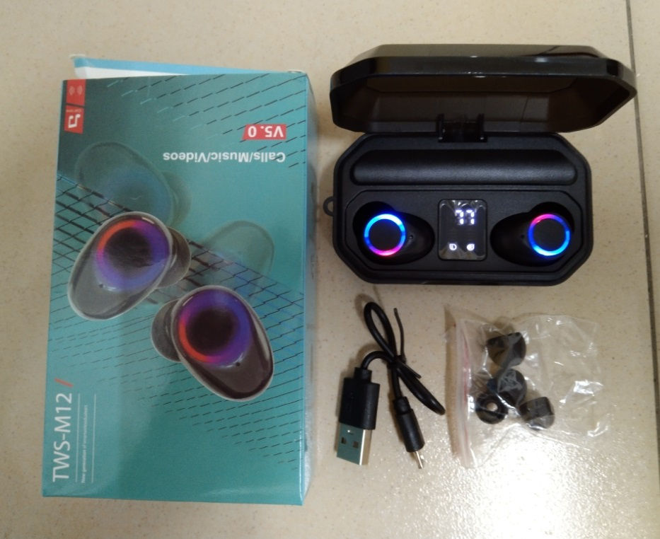 Căști fără fir TWS M12 cu power bank și lanternă led