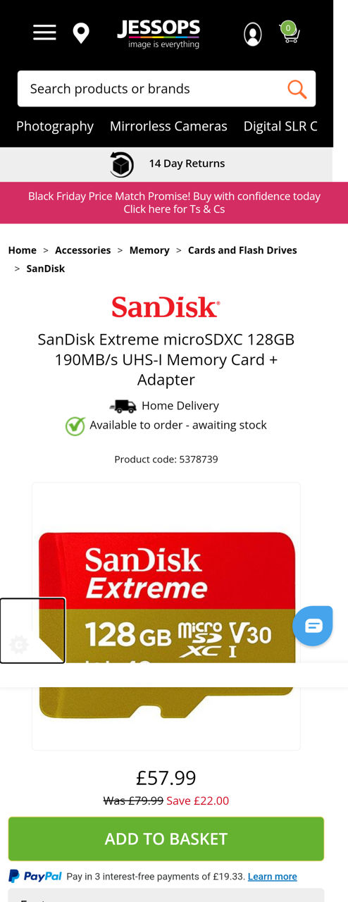 SanDisk Extreme MicroSdXC 128GB/190MB