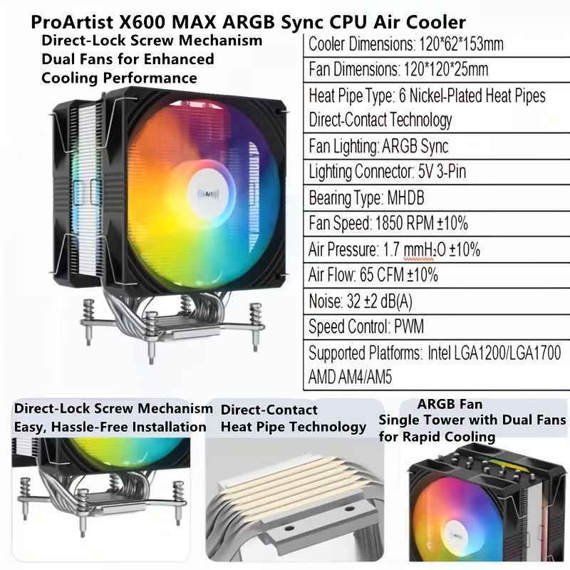 ProArtist E6 SE Rgb Dual Tower CPU Air Cooler 120mm [6 trube de cupru ...