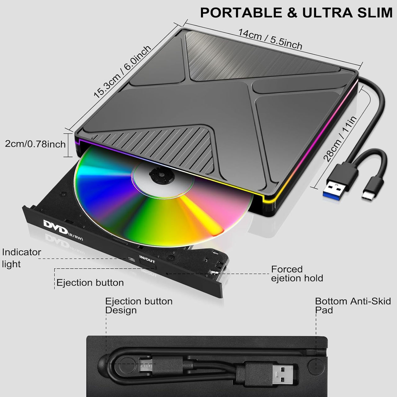 Unitate CD DVD externă RGB USB 3.0 tip C, CD/DVD portabil extern