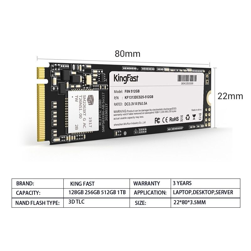 M.2 NVMe SSD 512GB KingFast F8N, PCIe3.0 x4 / NVMe1.3, M2 Type 2280 ...