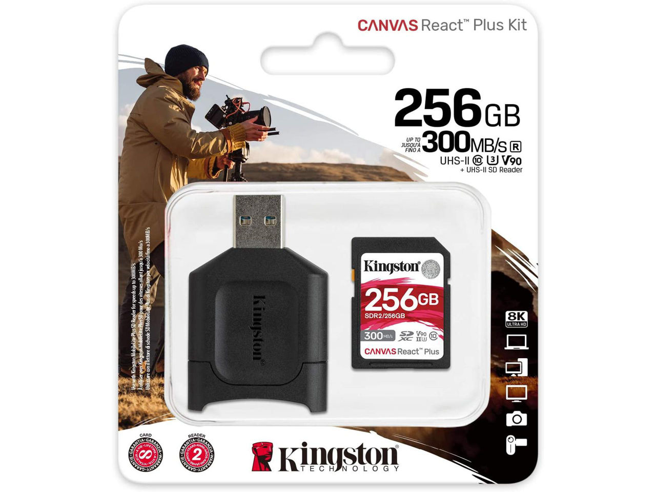 256Gb Sdxc Card (Class 10) Uhs-Ii , U3, Kingston Canvas React Plus "Sdr2/256Gb" (R/W:300/260Mb/S)