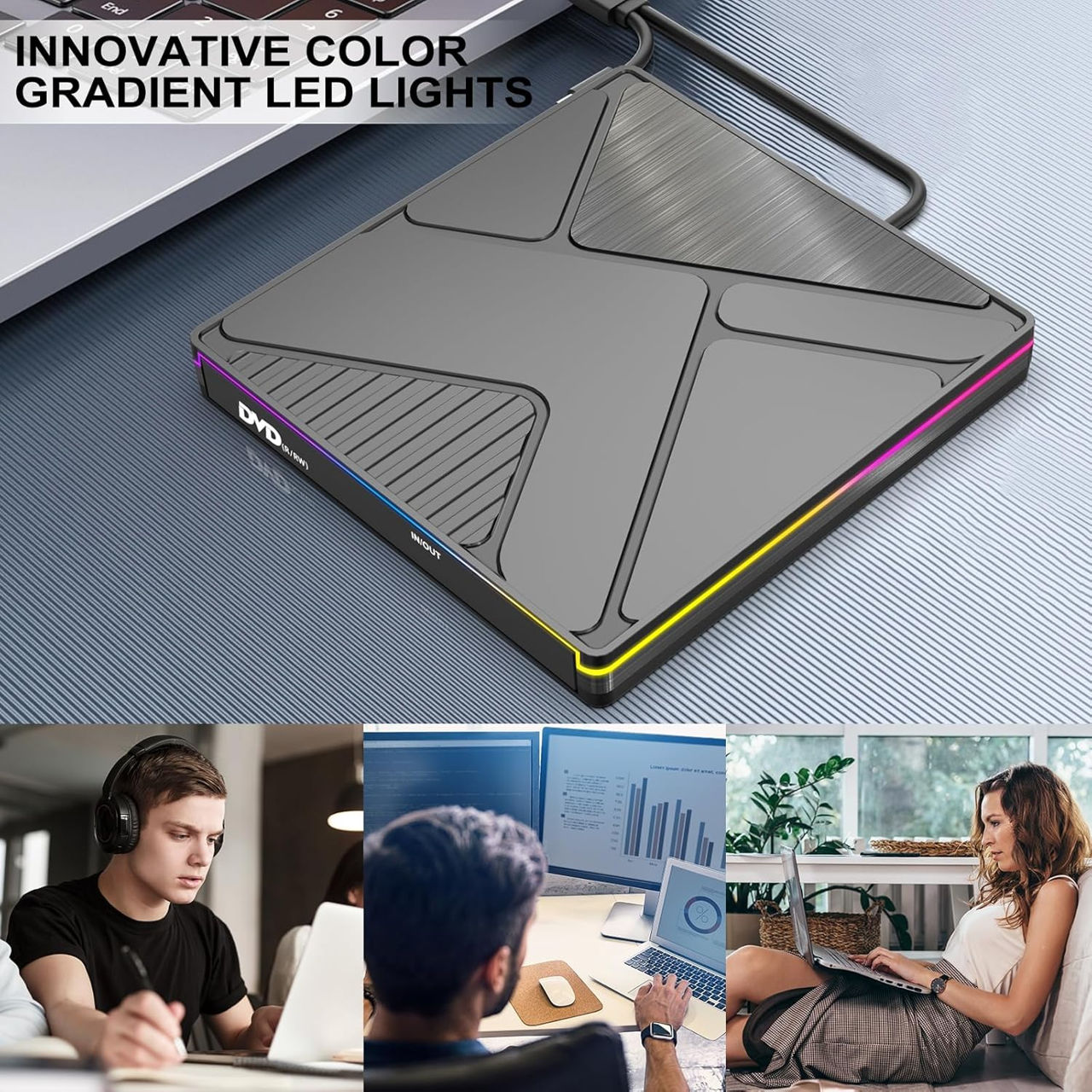 Unitate CD DVD externă RGB USB 3.0 tip C, CD/DVD portabil extern