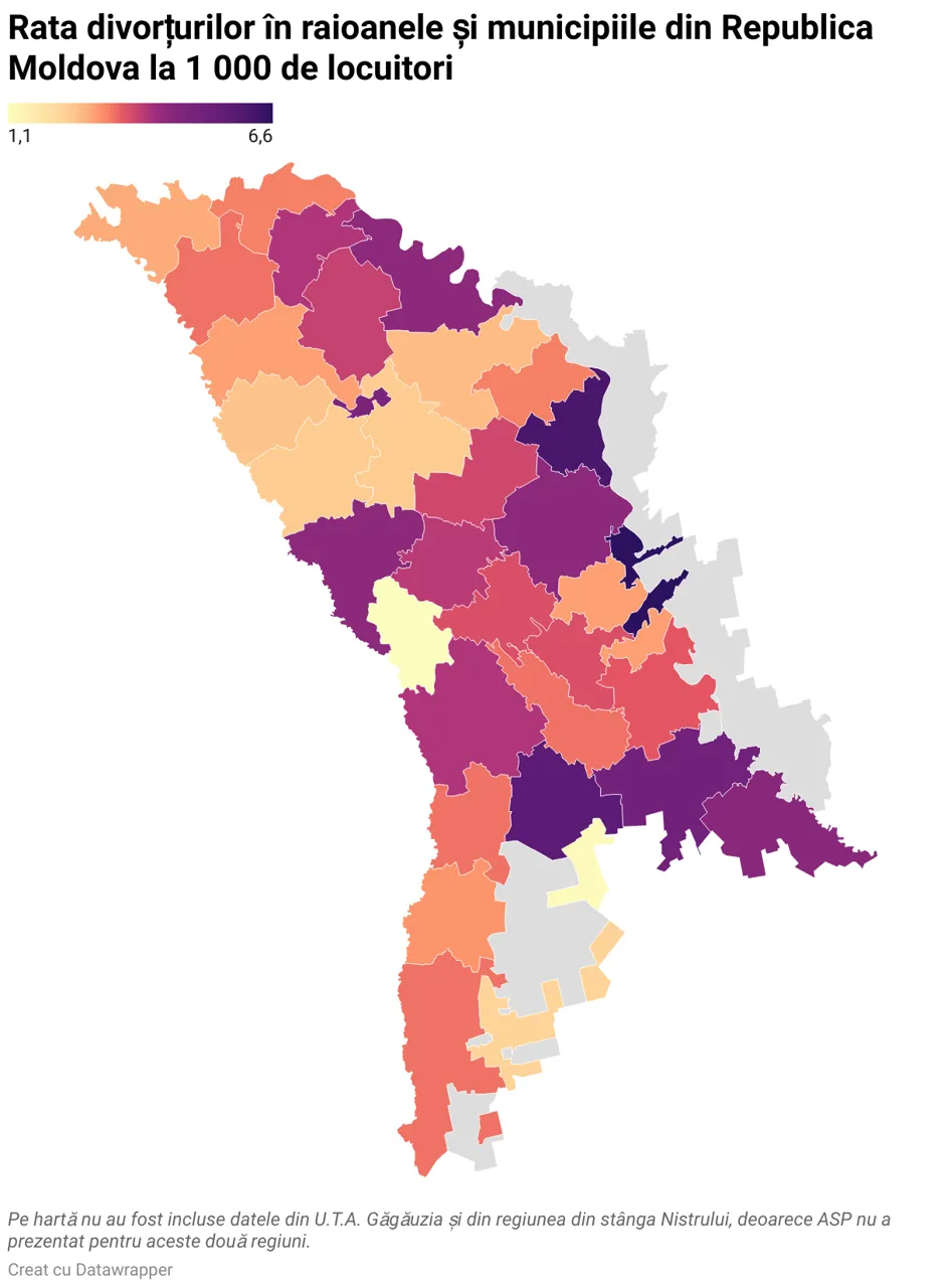 Lista raioanelor din Moldova cu cea mai mare rată a divorțurilor în 2022