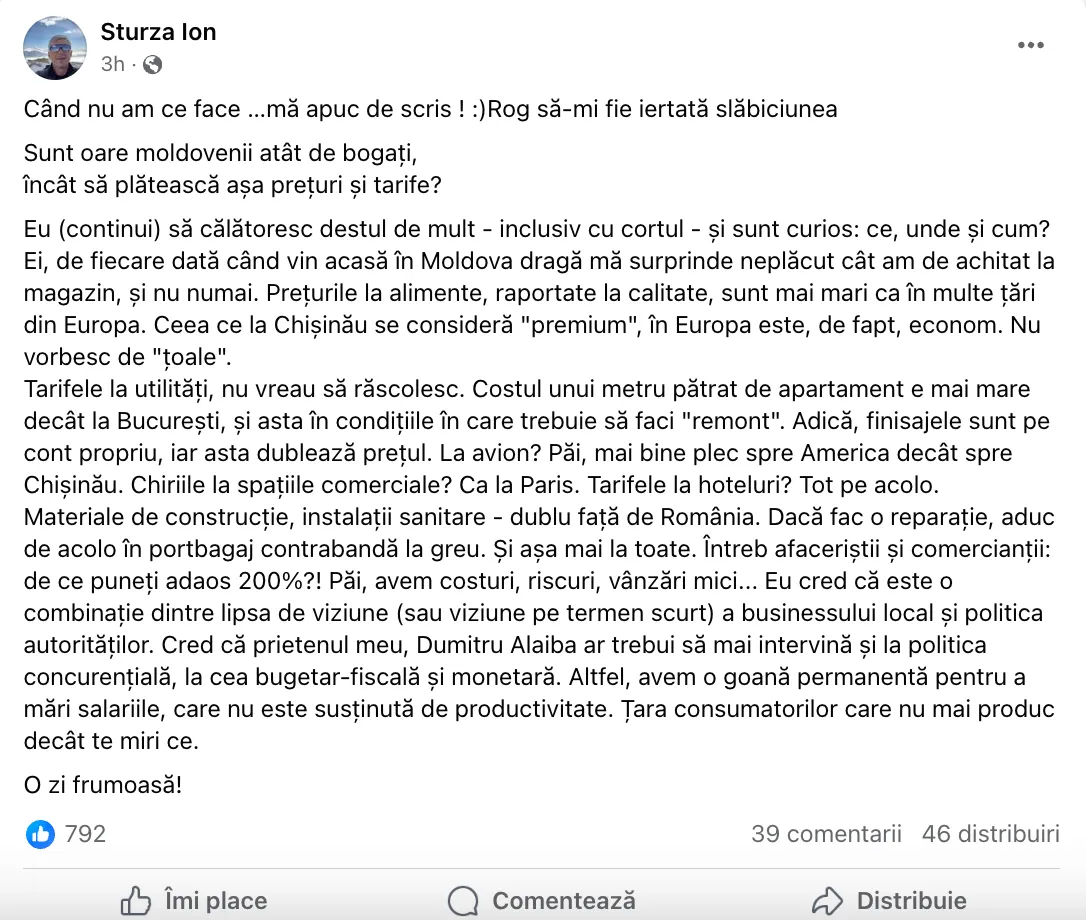 Sturza, despre prețurile mari din Moldova: Mai bine zbor spre America